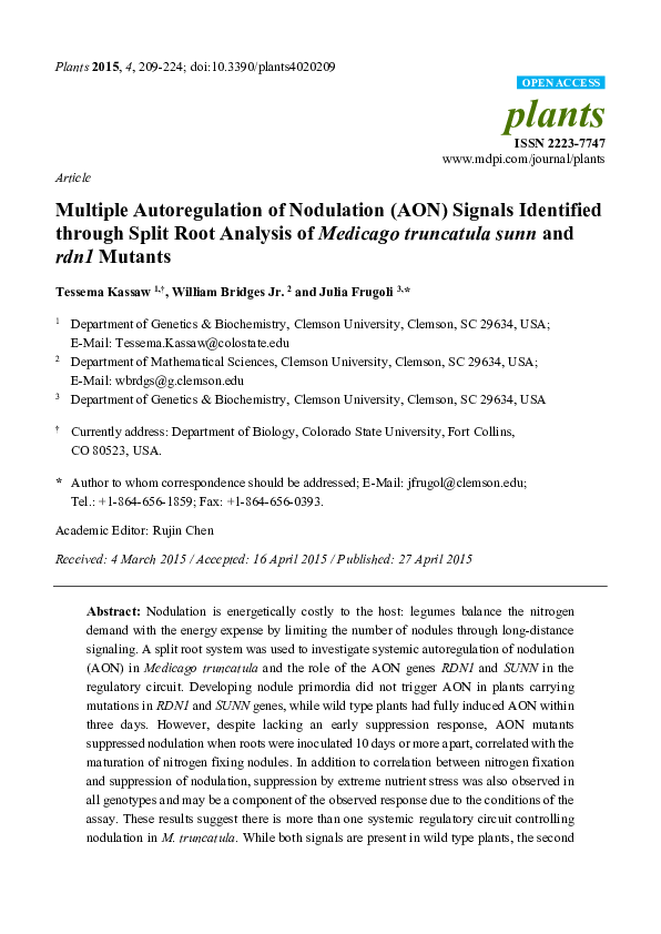 (PDF) Multiple Autoregulation of Nodulation (AON) Signals Identified ...