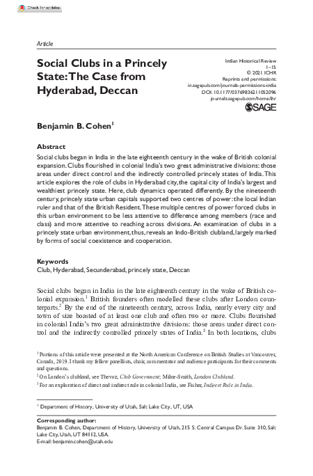 (PDF) Social Clubs in a Princely State: The Case from Hyderabad, Deccan