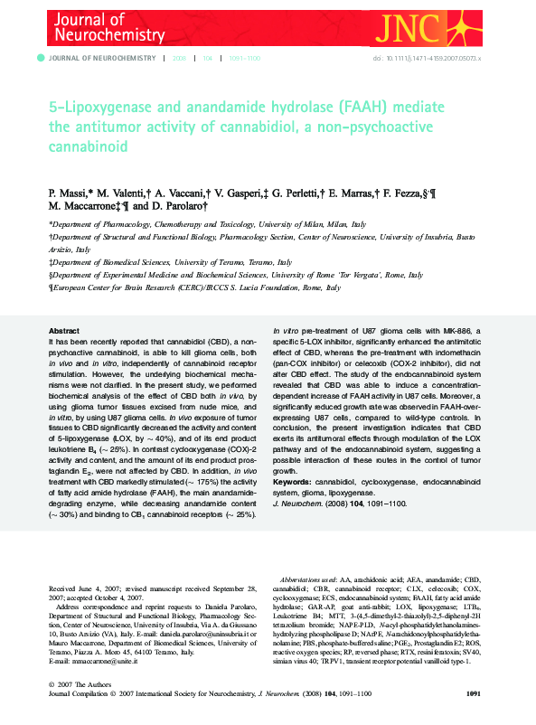 (PDF) Cannabidiol's Antitumor Mechanism: LOX and FAAH Involvement