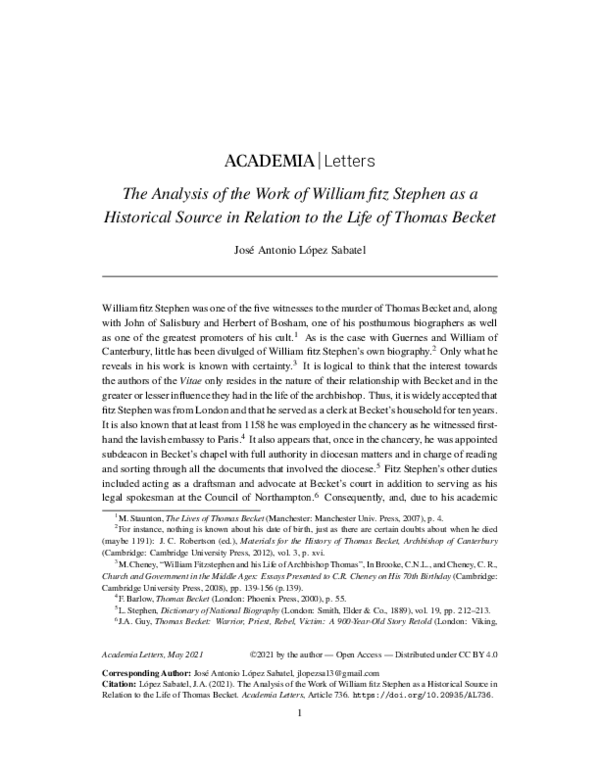(PDF) The Analysis of the Work of William fitz Stephen as a Historical ...