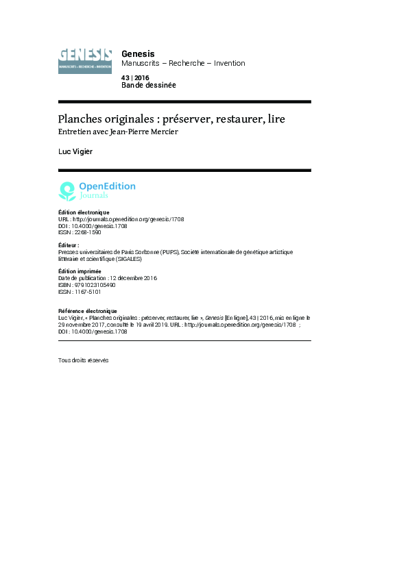 (PDF) Planches originales : préserver, restaurer, lire | Luc Vigier ...