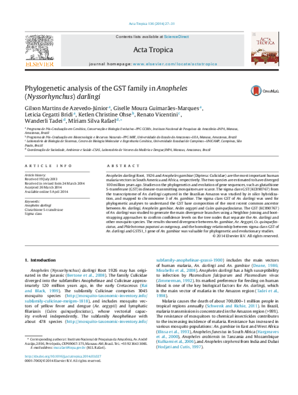 (PDF) Phylogenetic analysis of the GST family in Anopheles (Nyssorhynchus) darlingi