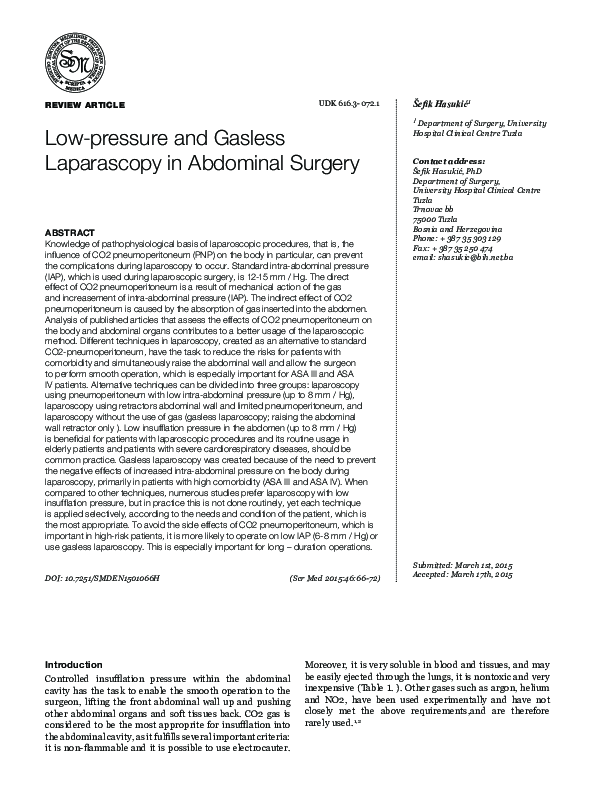 (PDF) Low-pressure and gasless laparascopy in abdominal surgery