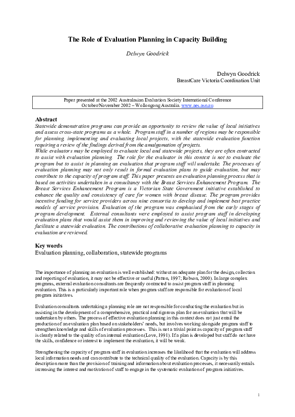 (PDF) The Role of Evaluation Planning in Capacity Building