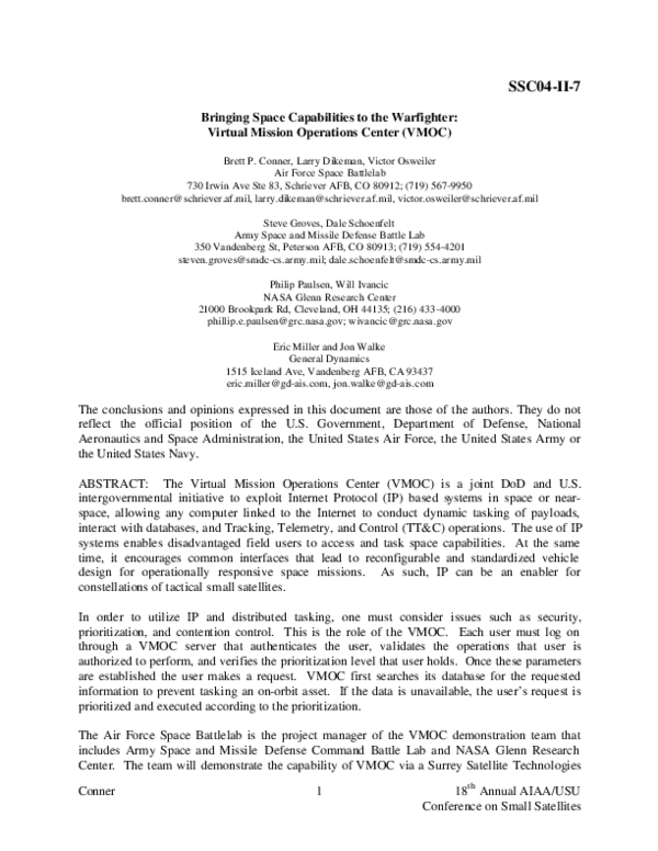 (PDF) Bringing Space Capabilities to the Warfighter: Virtual Mission ...