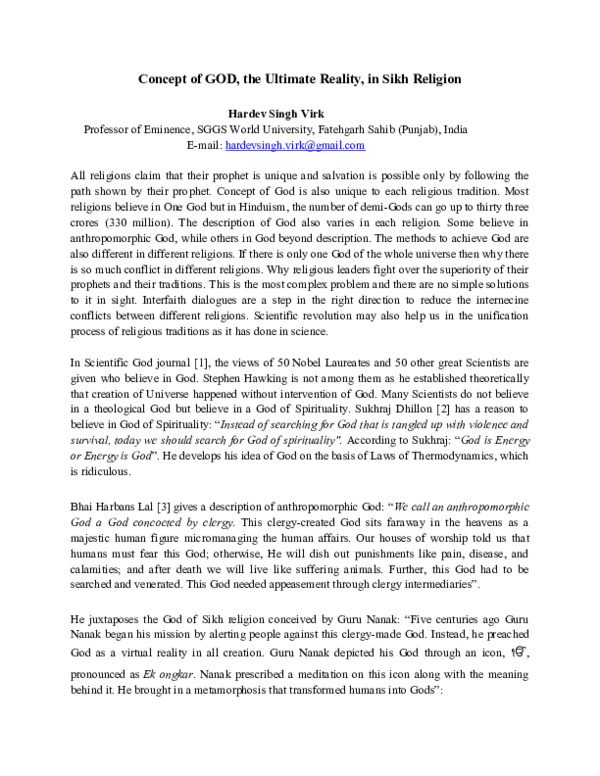 (PDF) Concept of GOD, the Ultimate Reality, in Sikh Religion