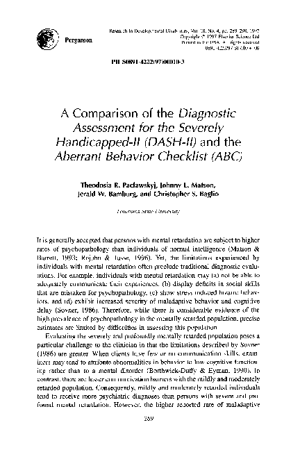 (PDF) A comparison of the Diagnostic Assessment for the Severely Handicapped-II (DASH-II) and ...