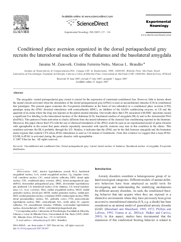 (PDF) Conditioned place aversion organized in the dorsal periaqueductal ...