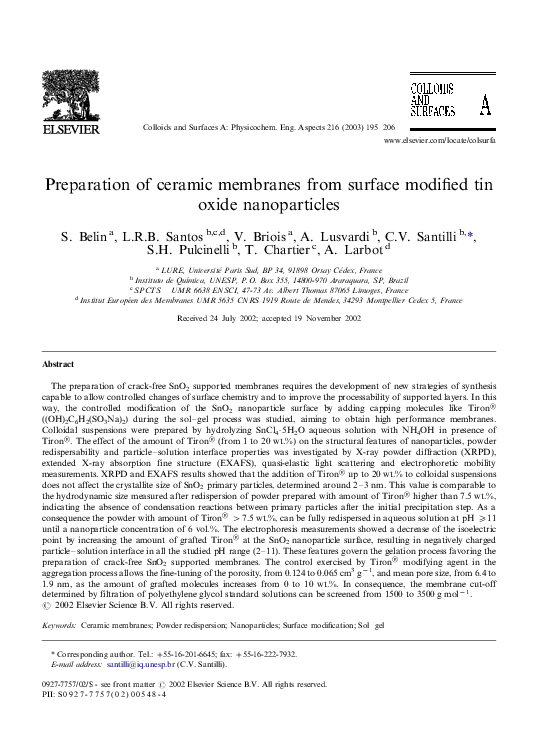 (PDF) Preparation of ceramic membranes from surface modified tin oxide ...