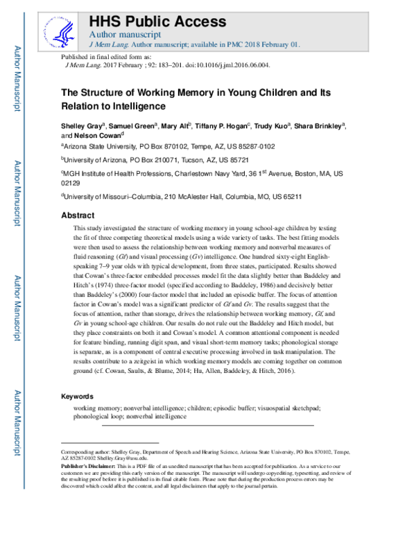 (PDF) The Structure of Working Memory in Young Children and Its Relation to Intelligence