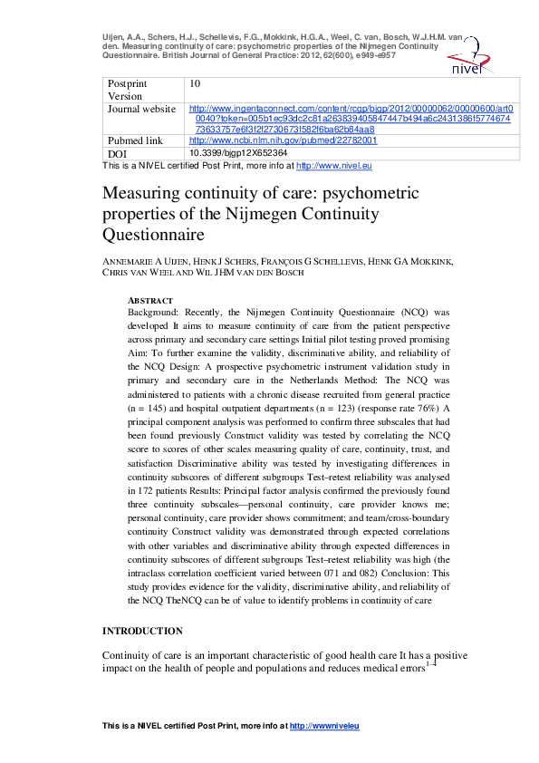 (PDF) Measuring continuity of care: psychometric properties of the ...