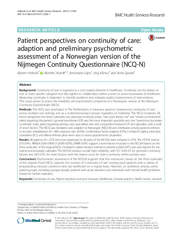 (PDF) Patient perspectives on continuity of care: adaption and ...