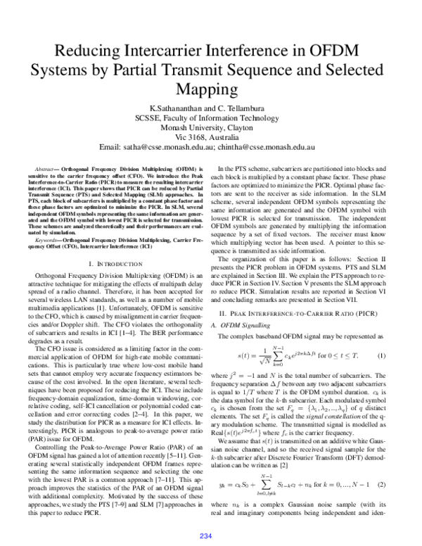 Pdf Reducing Intercarrier Interference In Ofdm Systems By Partial Transmit Sequence And