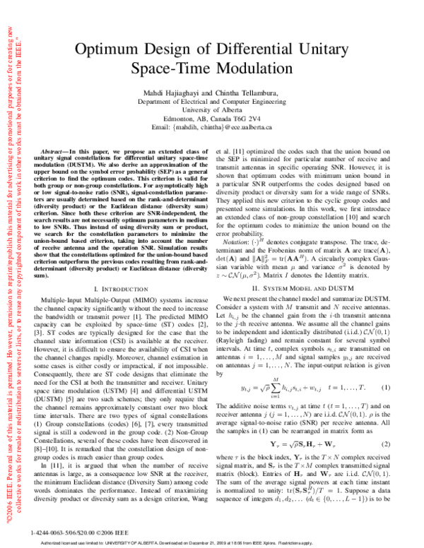 (PDF) Optimum Design of Differential Unitary Space-Time Modulation