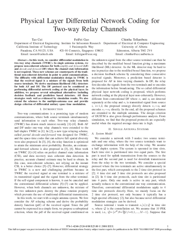 (PDF) Physical Layer Differential Network Coding for Two-Way Relay Channels