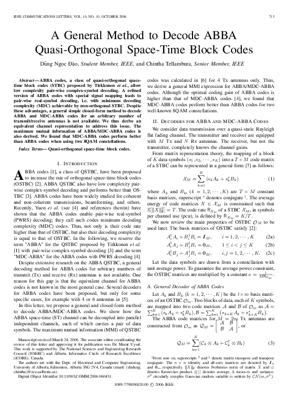 Pdf A General Method To Decode Abba Quasi Orthogonal Space Time Block Codes Chintha