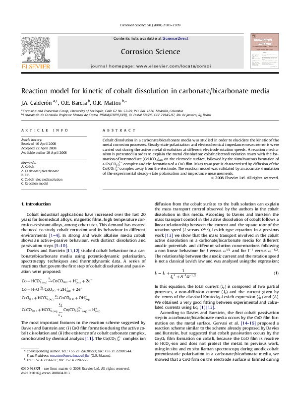 (PDF) Reaction model for kinetic of cobalt dissolution in carbonate ...