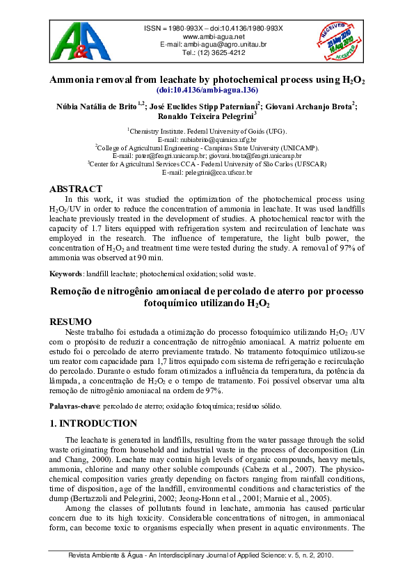 (PDF) Ammonia removal from leachate by photochemical process using H2O2 ...