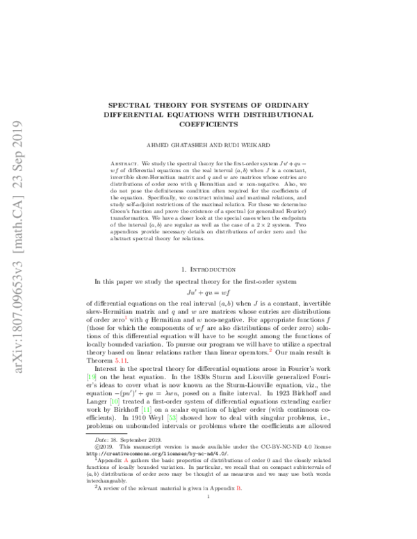 Pdf Spectral Theory For Systems Of Ordinary Differential Equations With Distributional