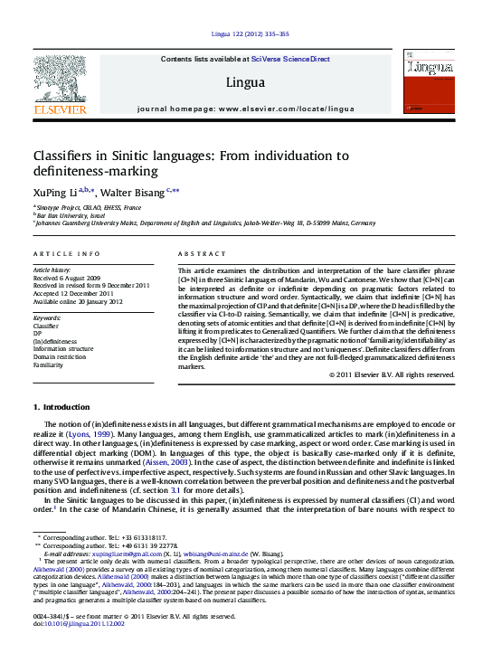 (PDF) Classifiers in Sinitic languages: From individuation to ...