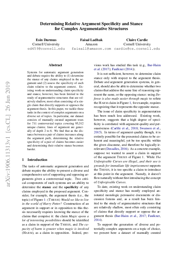 (PDF) Determining Relative Argument Specificity and Stance for Complex Argumentative Structures