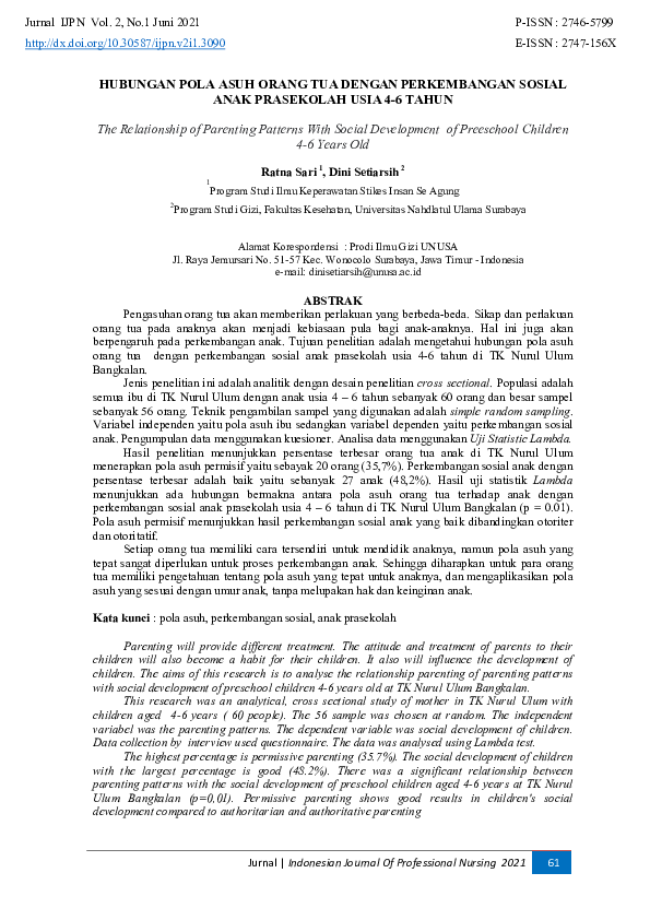 (PDF) Hubungan Pola Asuh Orang Tua Dengan Perkembangan Sosial Anak Prasekolah Usia 4-6 Tahun
