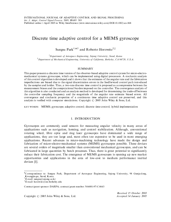 (PDF) Discrete time adaptive control for a MEMS gyroscope
