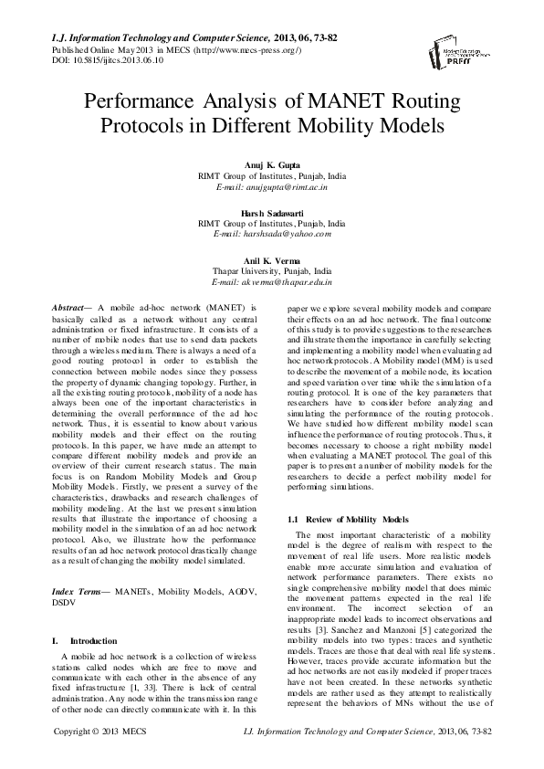 Pdf Performance Analysis Of Manet Routing Protocols Over Different