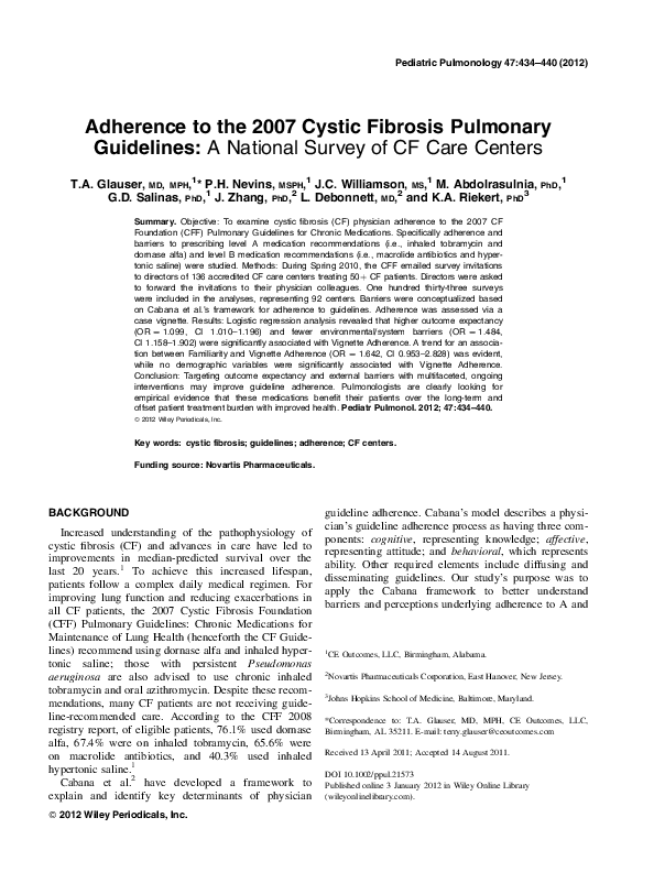 (PDF) Cystic Fibrosis Care: 2007 Guidelines Adherence Study