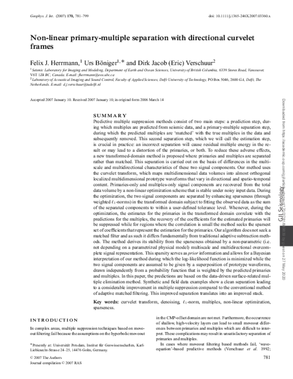 (PDF) Non-linear primary-multiple separation with directional curvelet frames