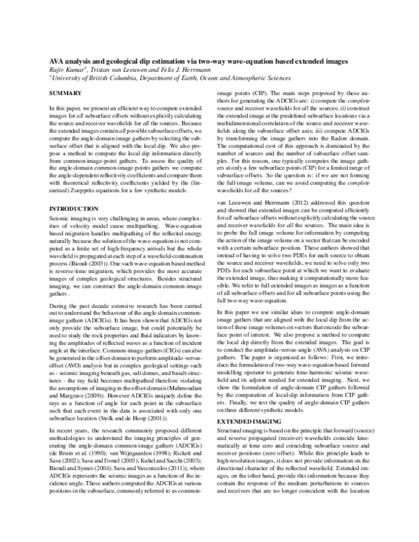 Pdf Ava Analysis And Geological Dip Estimation Via Two Way Wave