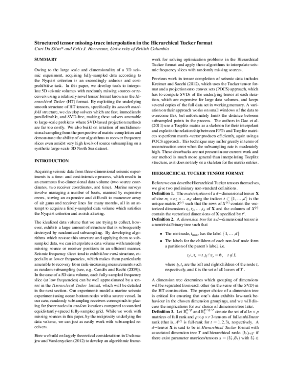 Pdf Structured Tensor Missing Trace Interpolation In The Hierarchical Tucker Format