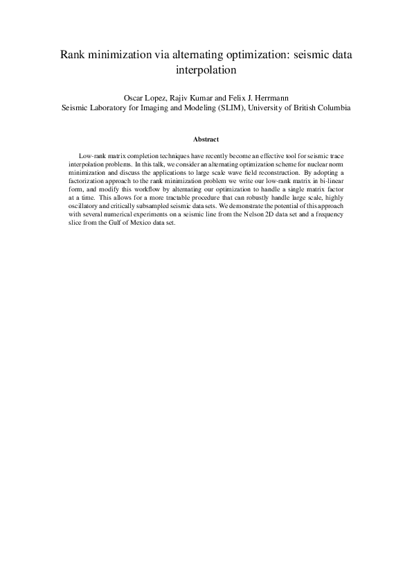 (PDF) Rank Minimization via Alternating Optimization - Seismic Data Interpolation