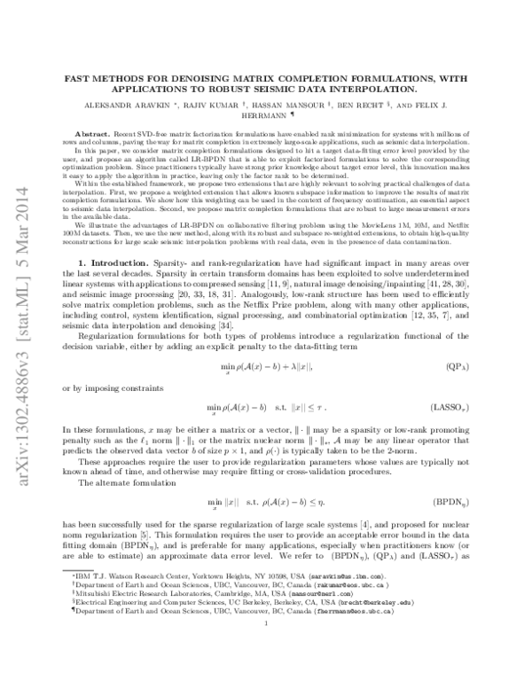 (PDF) Fast Methods for Denoising Matrix Completion Formulations, with Applications to Robust ...