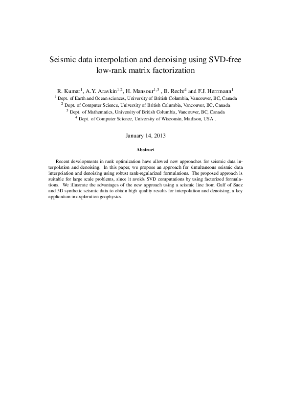 (PDF) Seismic Data Interpolation and Denoising Using SVD-free Low-rank Matrix Factorization