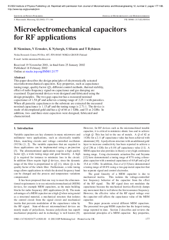 (PDF) Microelectromechanical capacitors for RF applications