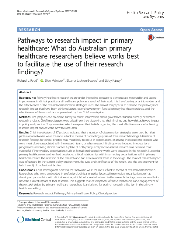 (PDF) Pathways to research impact in primary healthcare: What do ...