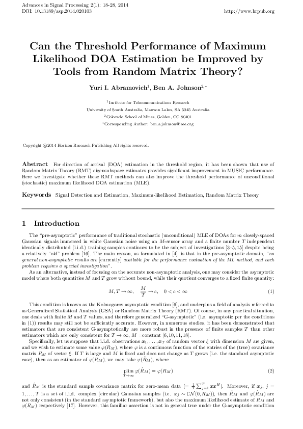 (PDF) Can the Threshold Performance of Maximum Likelihood DOA ...