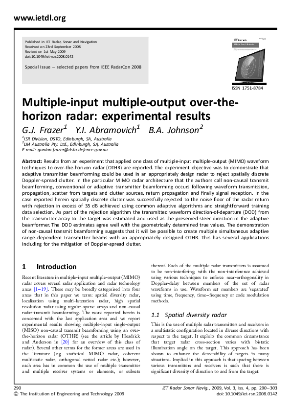 (PDF) Multiple-input multiple-output over-the-horizon radar: experimental results