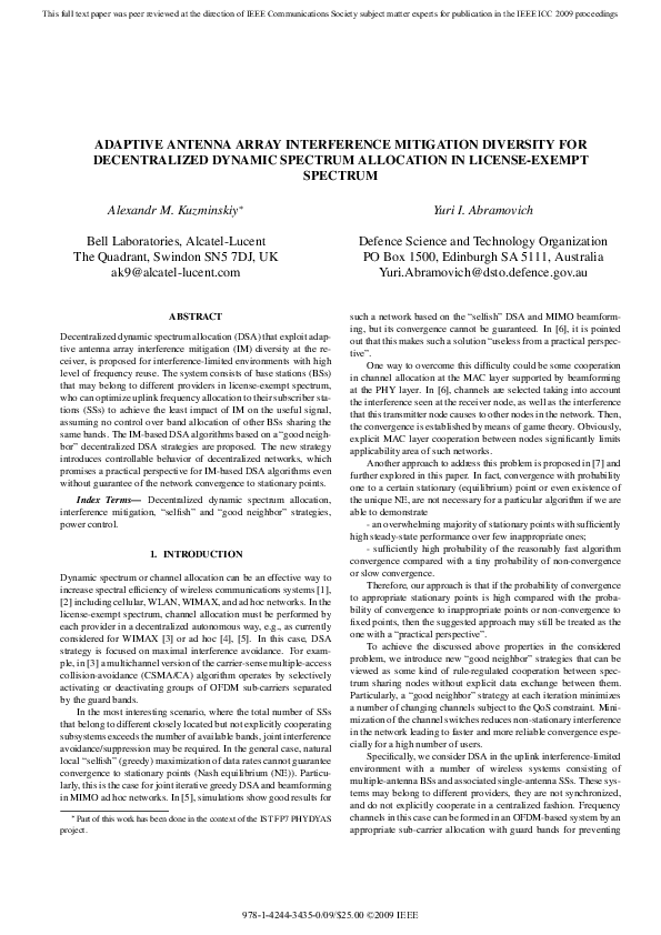 Adaptive Antenna Array Interference Mitigation Diversity for Decentralized Dynamic Spectrum ...