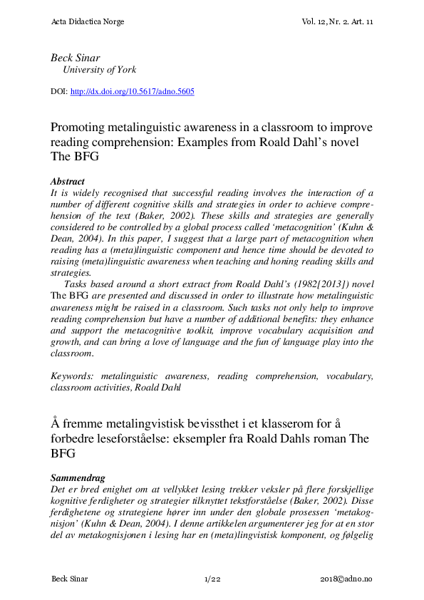 (PDF) Promoting metalinguistic awareness in a classroom to improve ...