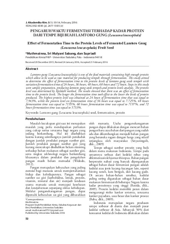 (PDF) Pengaruh Waktu Fermentasi Terhadap Kadar Protein Dari Tempe Biji Buah Lamtoro Gung ...