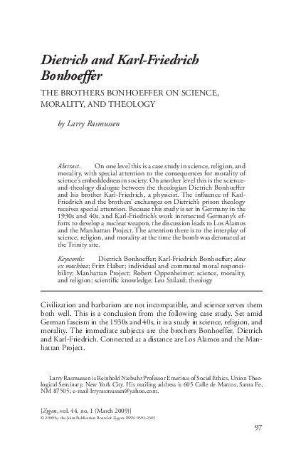 (PDF) The Brothers Bonhoeffer on Science, Morality, and Theology
