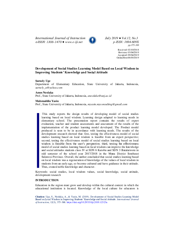 (PDF) Development of Social Studies Learning Model Based on Local Wisdom in Improving Students ...