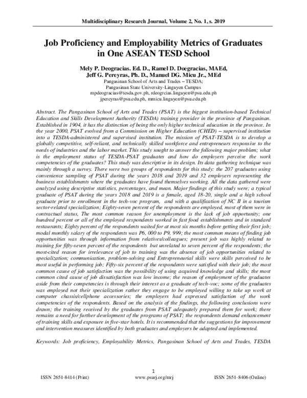 (PDF) Job Proficiency and Employability Metrics of Graduates in One ...