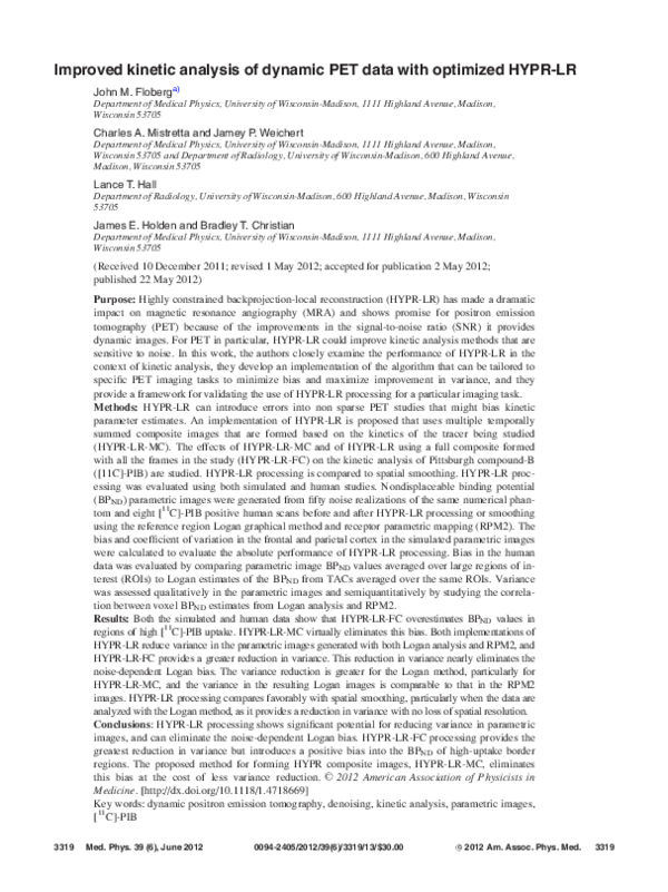 (PDF) Improved kinetic analysis of dynamic PET data with optimized HYPR-LR