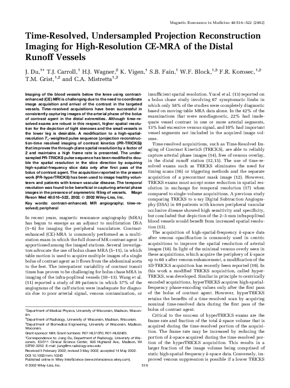 (PDF) Time-resolved, undersampled projection reconstruction imaging for ...