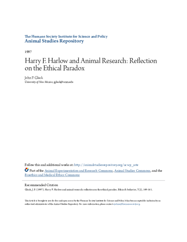 (PDF) Harry F. Harlow and Animal Research: Reflection on the Ethical ...