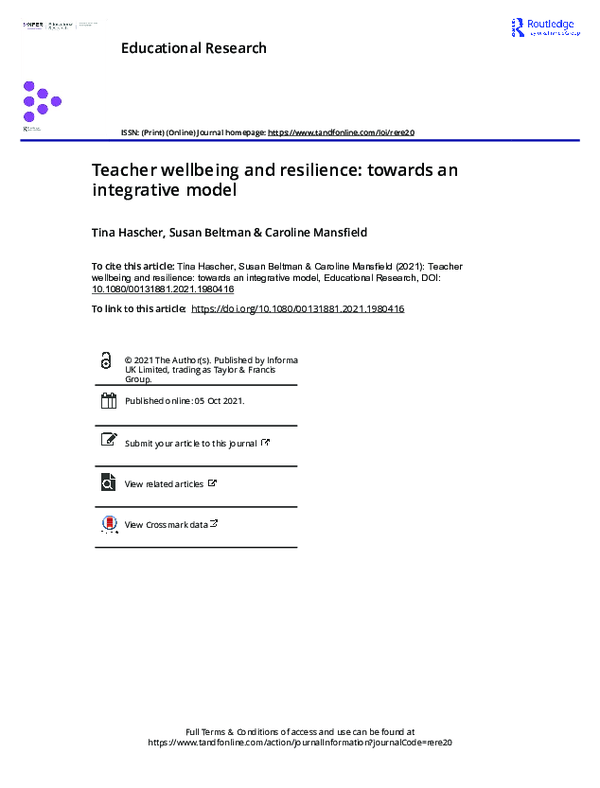 (PDF) Teacher wellbeing and resilience: towards an integrative model