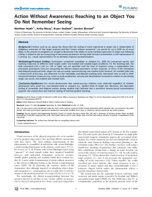 (PDF) Action Without Awareness: Reaching to an Object You Do Not ...